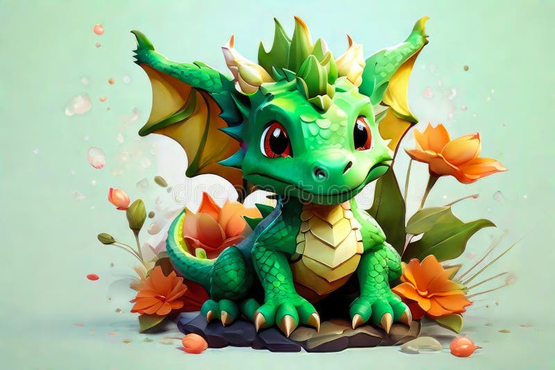 Fantasy Cute Green Dragon Wearing Red Santa S Hat. Fairy-tale Character ...