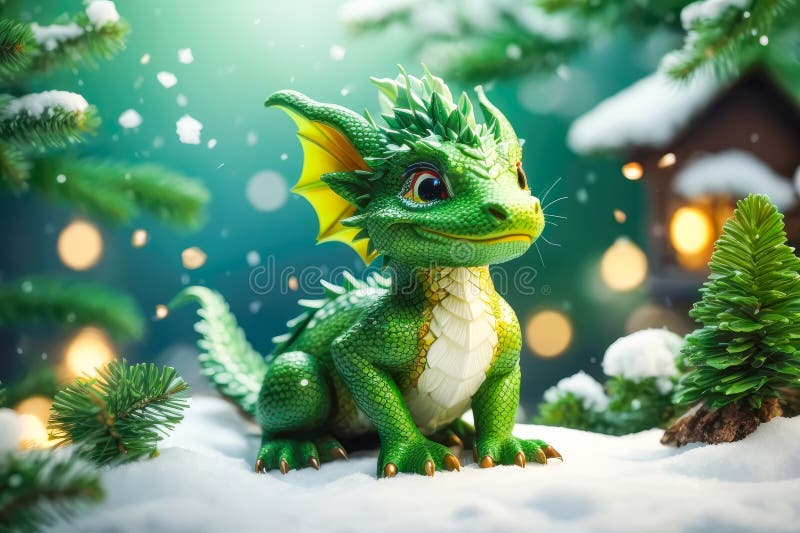 Fantasy Cute Green Dragon Wearing Red Santa S Hat. Fairy-tale Character ...