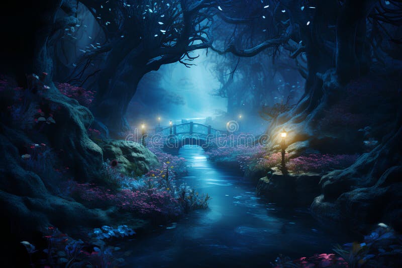 Fantasy Dark Blue Forest with River Stock Illustration - Illustration of nature, blue: 307174107