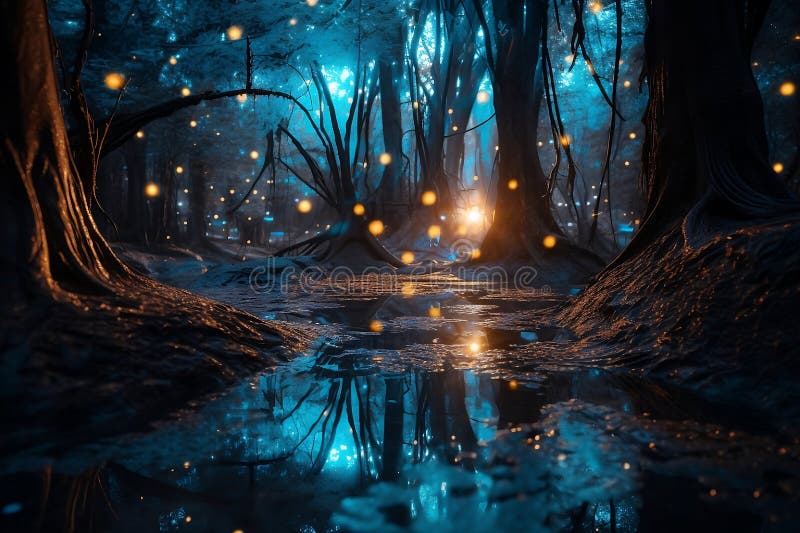 Fantasy Dark Forest with Blue Lights Stock Illustration - Illustration ...