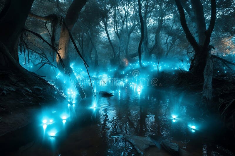 Fantasy Dark Forest with Blue Lights Stock Illustration - Illustration ...