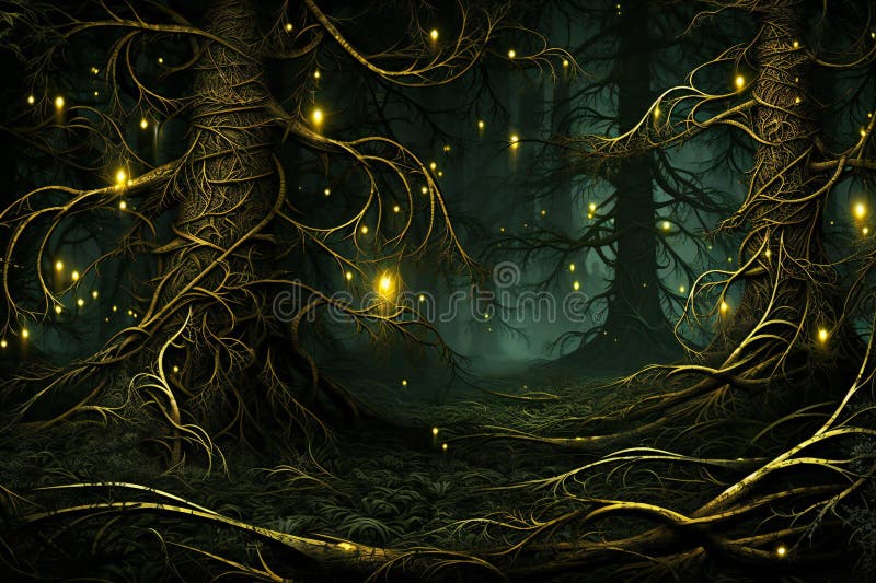 Fantasy Dark Forest with Glowing Trees and Lights Stock Illustration ...