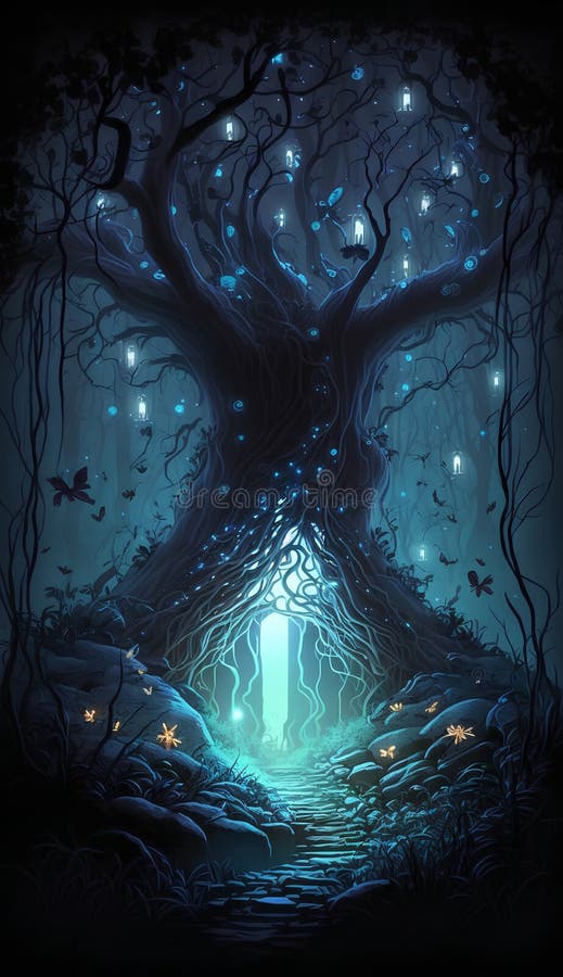 Magic Tree in the Night Sky with Stars and Nebula. Vector Illustration ...