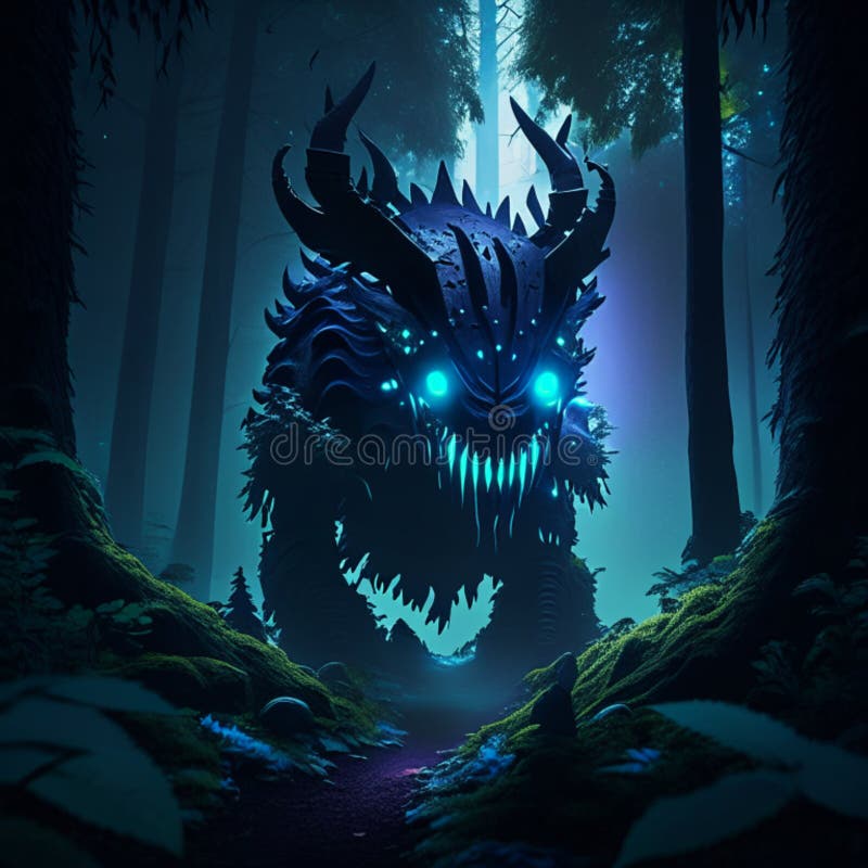 Fantasy Dark Forest with Neon Glowing Dragon. 3d Render Illustration AI ...