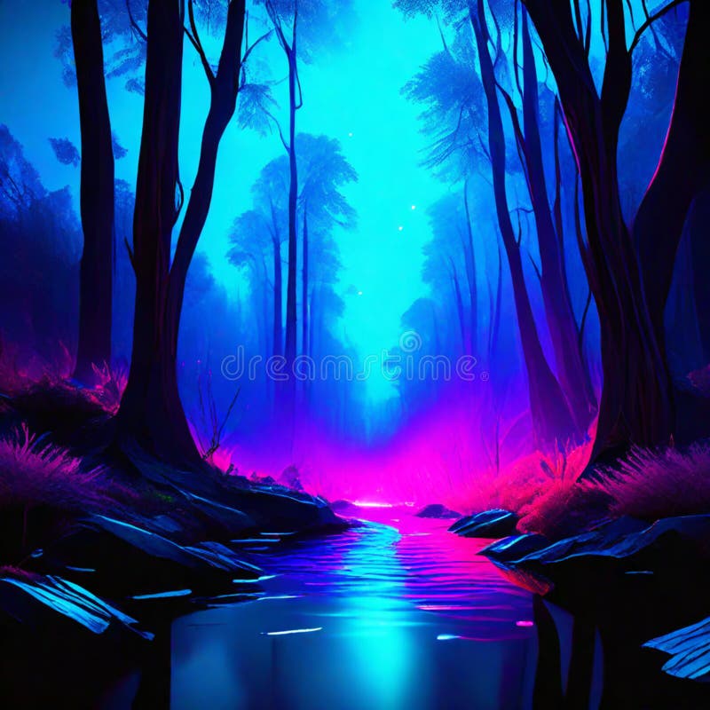 Fantasy Dark Forest with Neon Light. 3d Render Illustration Stock ...
