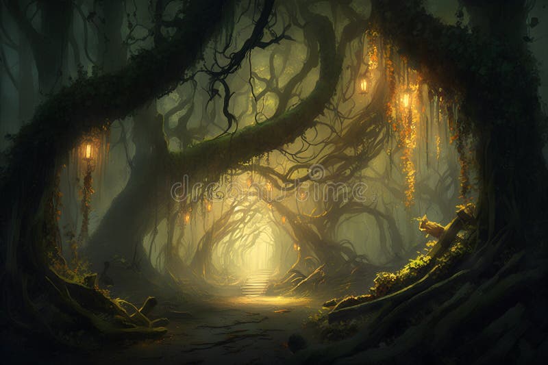 Fantasy Dark Forest with Old Tree and Light. 3d Rendering Stock ...