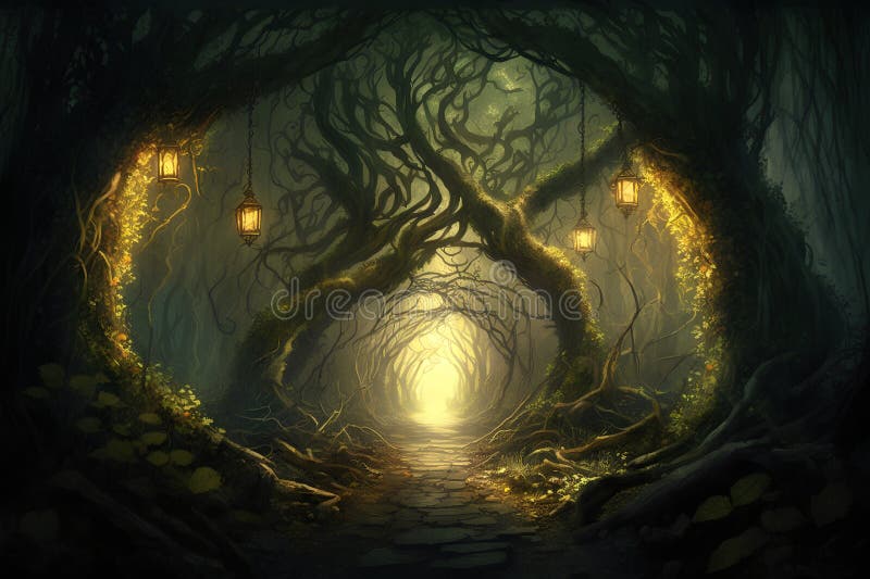 Fantasy Dark Forest with Old Tree and Light at the End of the Tunnel ...