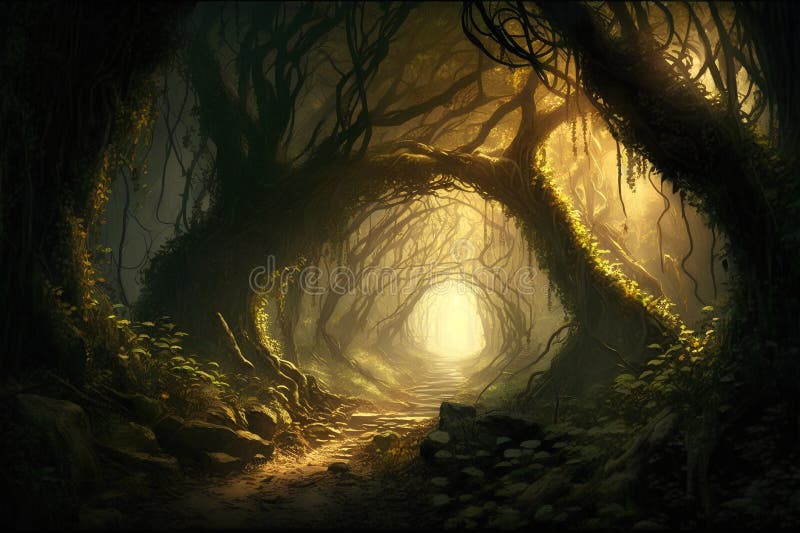 Fantasy Dark Forest with Old Tree Tunnel and Light at the End Stock ...
