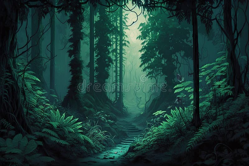 Fantasy Dark Forest with a Path Going through the Trees and Ferns Stock ...