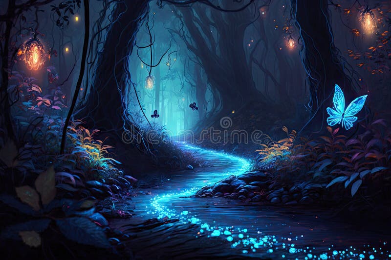 Fantasy Dark Forest with a Path Leading through the Trees and Lights ...