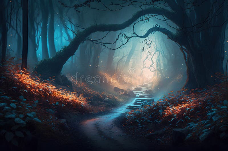 Fantasy Dark Forest with a Path through the Trees. 3d Rendering Stock ...