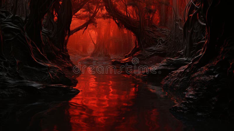 Fantasy Dark Forest with Red Light. Stock Illustration - Illustration ...
