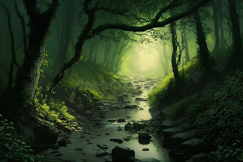 Fantasy Dark Forest with a River and Green Trees, 3d Render Stock ...