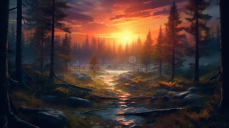 Fantasy Dark Forest Tree Landscape Sunset Night Stock Illustration ...