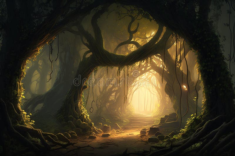 Fantasy Dark Forest with Tree Tunnel. 3d Render Illustration Stock Illustration - Illustration ...