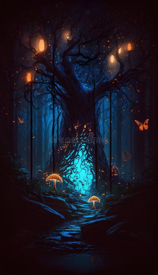 Fantasy Dark Forest with Trees, Lights and Mushrooms. Vector ...