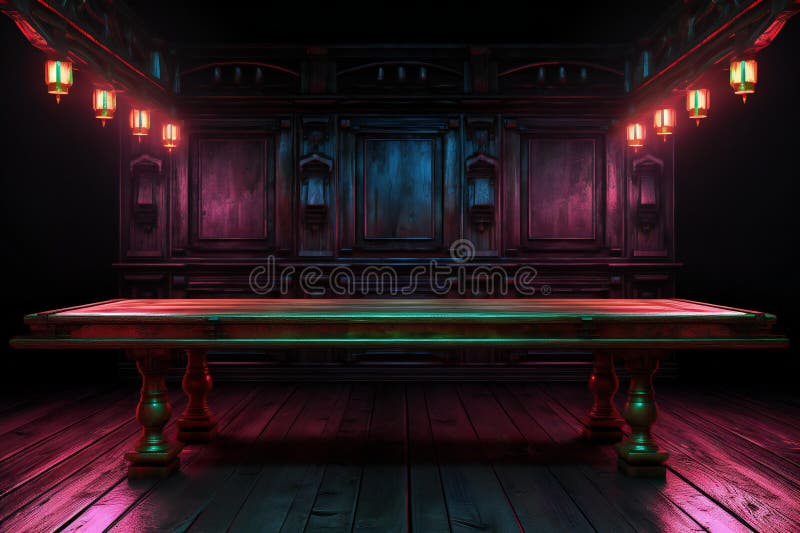 A Fantasy Dark Room with Wooden Floor and a Wooden Table Stock ...