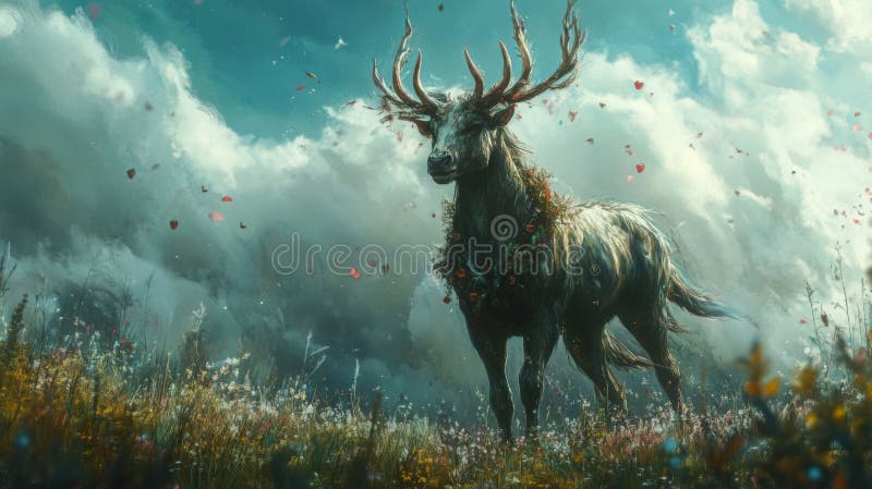 Fantasy Deer in Flower Field Surreal Digital Painting Stock ...
