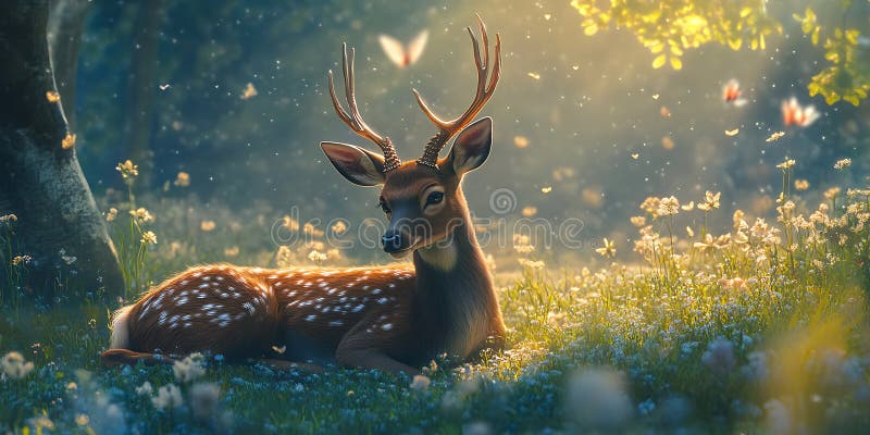 Fantasy Deer Resting in a Mystical Spring Forest Wallpaper Background ...