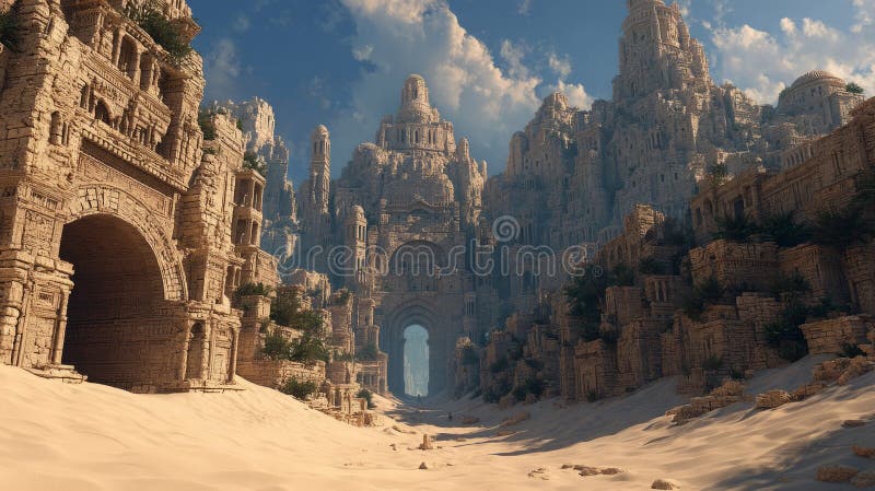 Fantasy Desert City in Ruins, Half-buried in Sand after a Devastating ...
