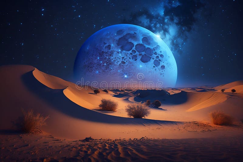 Fantasy Desert Landscape with Full Moon in Night Sky Stock Illustration ...