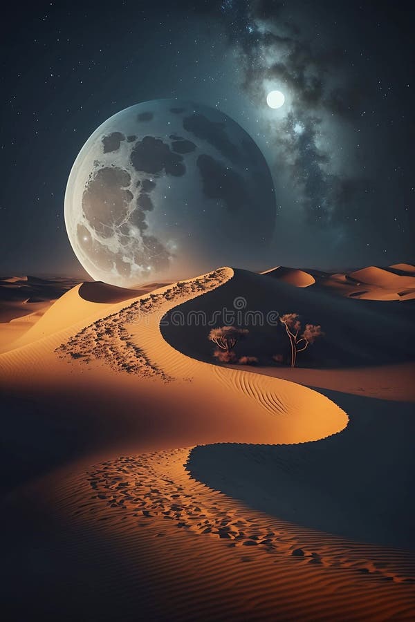 Fantasy Desert Landscape with Full Moon in Night Sky Stock Illustration ...