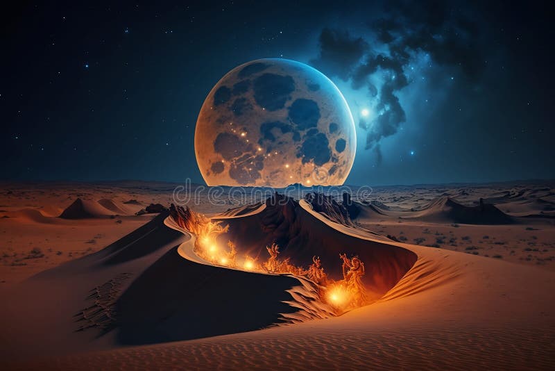 Fantasy Desert Landscape with Full Moon in Night Sky Stock Illustration ...