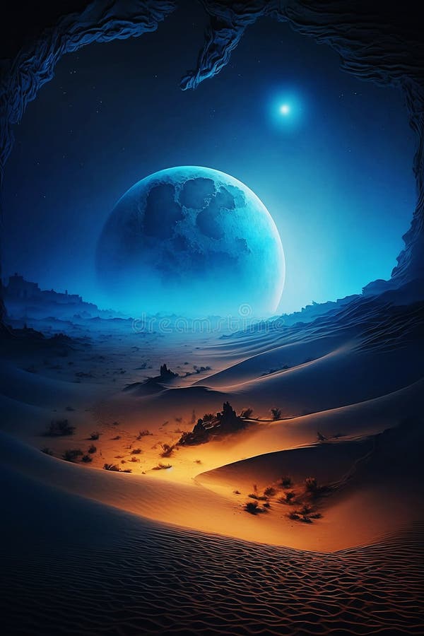 Fantasy Desert Landscape with Full Moon in Night Sky Stock Illustration ...
