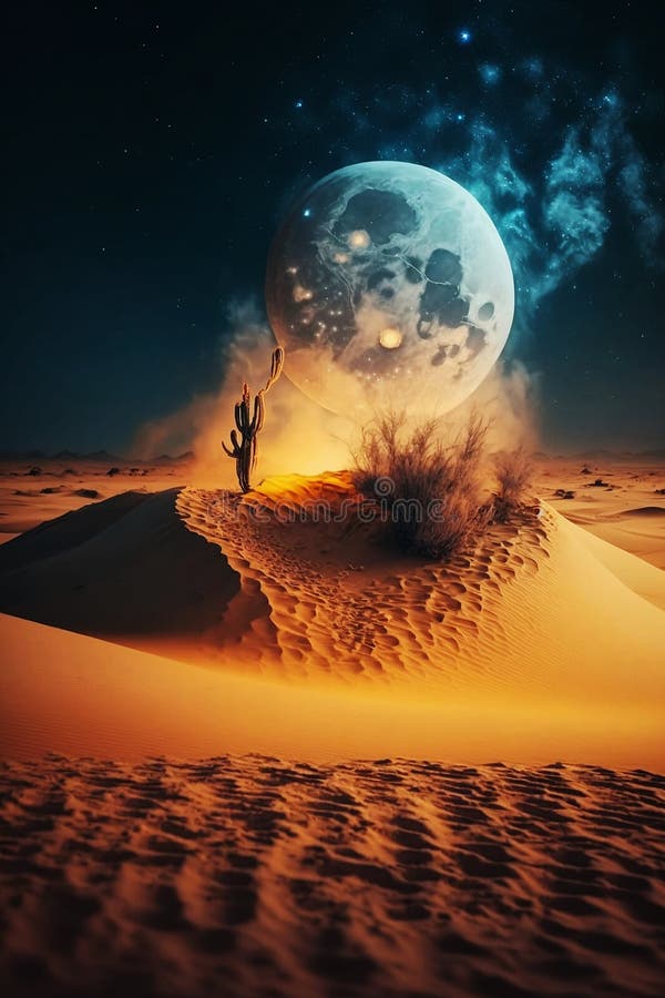 Fantasy Desert Landscape with Full Moon in Night Sky Stock Illustration ...