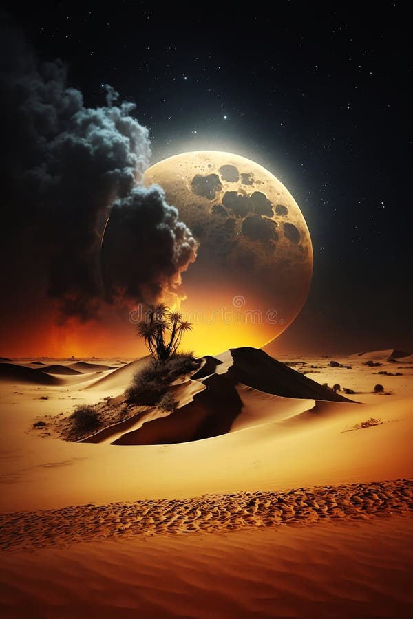 Fantasy Desert Landscape with Full Moon in Night Sky Stock Illustration ...
