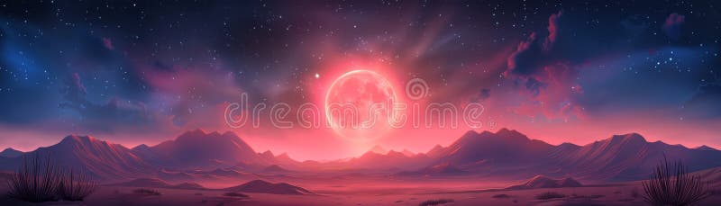 Fantasy Desert Landscape with Radiant Pink Moon Stock Illustration ...