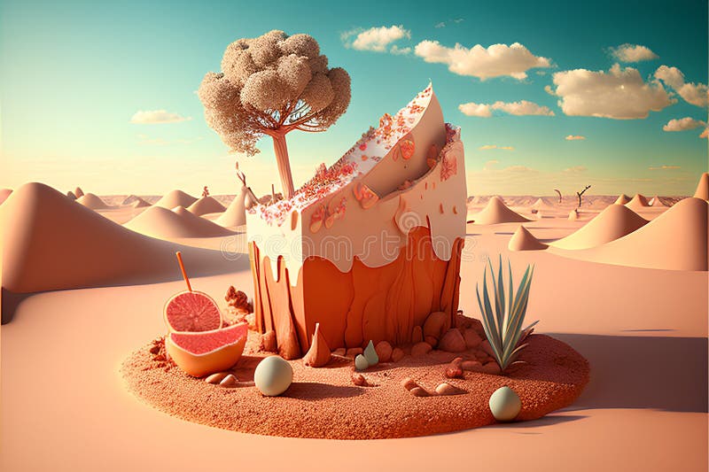 Fantasy Desert Landscape with Sand, Trees and Fruits. 3d Render Stock ...