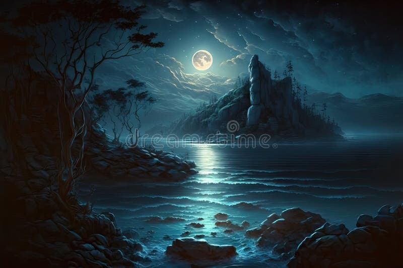 Fantasy Digital Painting of a Calm Water Landscape Stock Illustration ...