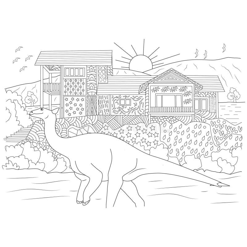 Fantasy Dinosaur Scene Line Drawing, Black and White Line Drawing ...