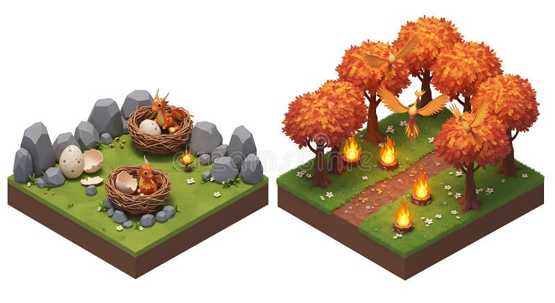 Fantasy Diorama with Nesting Creatures and Firebirds in Autumn Forest ...
