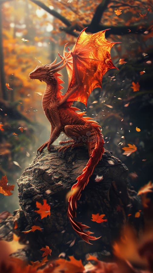 Fantasy Dragon in Autumn Forest Surrounded by Falling Leaves Stock ...