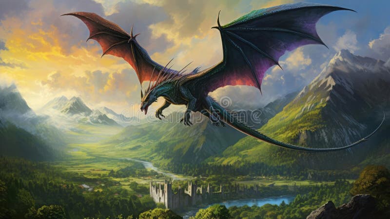 Fantasy Dragon in a Beautiful Landscape Stock Illustration ...
