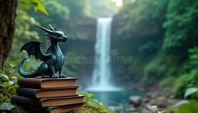 Fantasy Dragon Figurine Sits Atop Stack of Books in Magical Forest ...