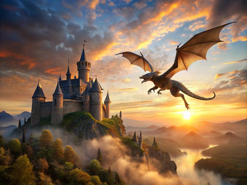 Fantasy Dragon Flying Over a Castle at Dawn Stock Illustration ...