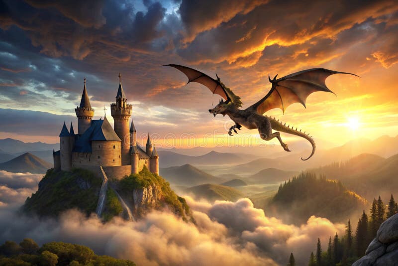 Fantasy Dragon Flying Over a Castle at Dawn Stock Illustration ...