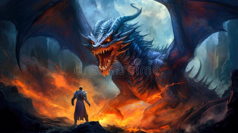Fantasy Dragon and a Knight in a Cave Stock Illustration - Illustration ...