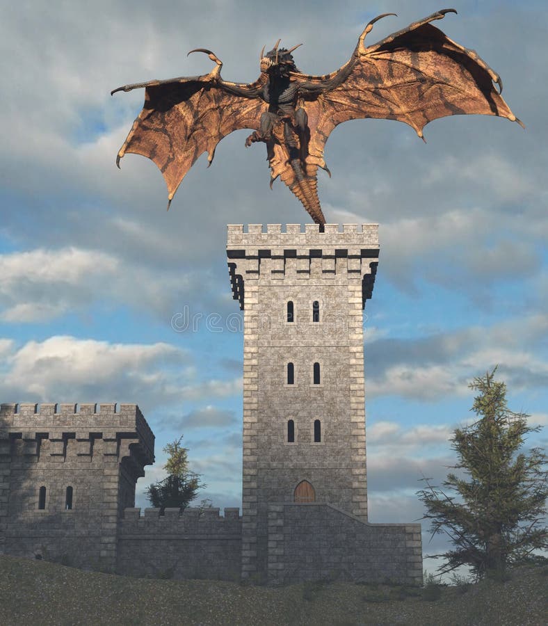 Fantasy Dragon and Medieval Tower 3d Illustration Stock Illustration ...