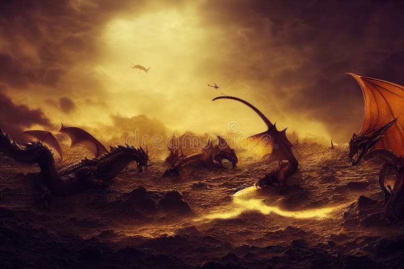 Fantasy Dragon Monsters Fight in Dark Sky Stock Illustration ...
