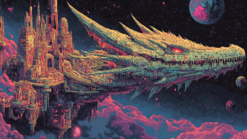 Fantasy Dragon Perched on Celestial Castle with Stars and Clouds Pixel ...
