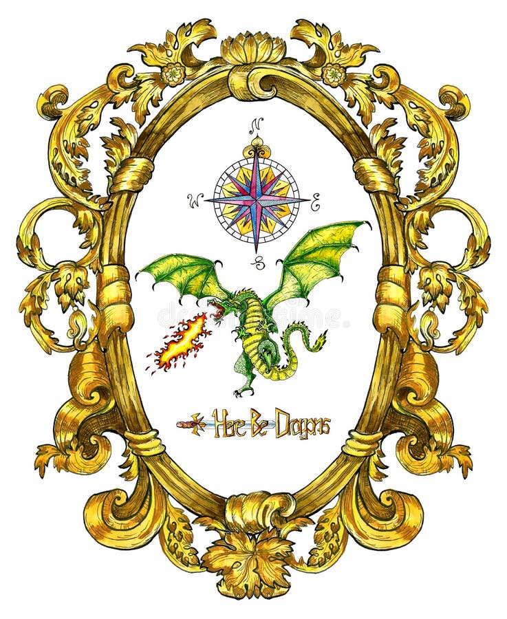 Fantasy Dragon Snorting Fire, Compass in Baroque Decorated Frame ...