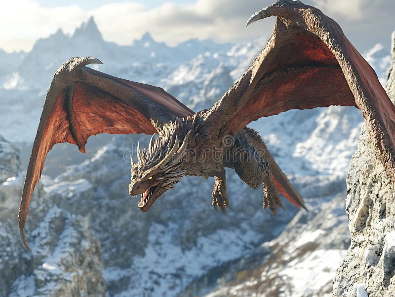 Fantasy Dragon Soaring Over Majestic Snow-capped Mountains Stock ...
