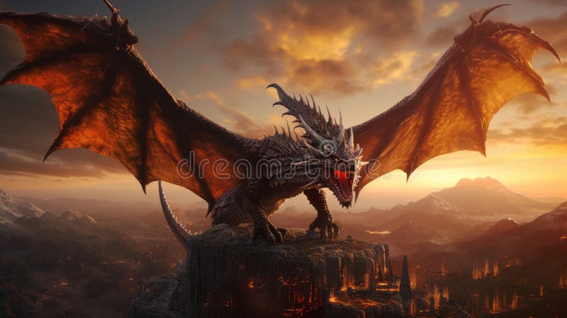 Fantasy Dragon with Wings Sitting on Stone. Huge Aggressive Mystical ...