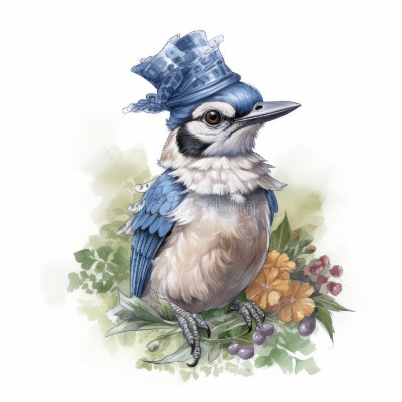 Fantasy Drawing of Blue Jay in a Bird Hat - High Resolution by Ivanovich Pimenov Stock ...