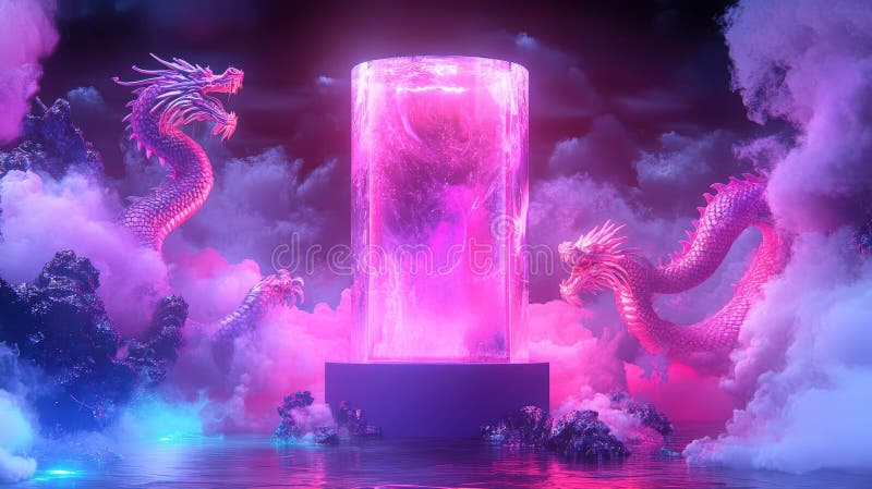 Fantasy Dreamscape with Neon Dragons and Illuminated Podium in Mystical ...