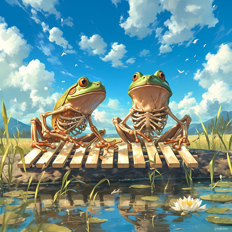 Fantasy Duet: Frogs and Skeleton Play Piano in a Field of Dreams Stock ...